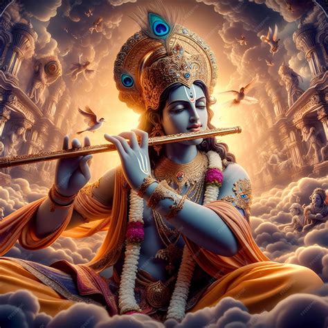 Lord Krishna Playing Flute In Infinite Universe Premium Ai Generated