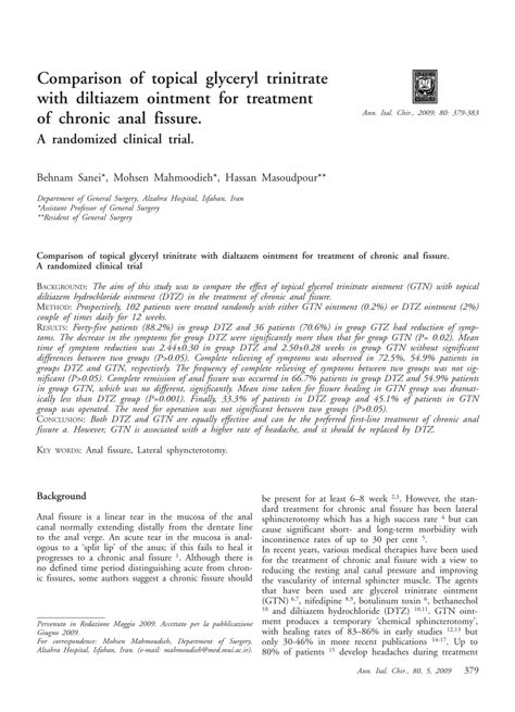 Pdf Comparison Of Topical Glyceryl Trinitrate With Dialtazem Ointment For Treatment Of Chronic