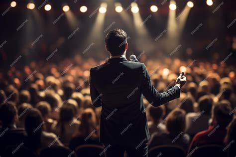 Premium Ai Image Man In Business Suit Giving A Speech On The Stage