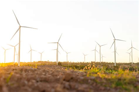 풍력 터빈 농장은 대체 전기 원 지속 가능한 자원의 개념 여름에는 풍력 발전기 터빈을 배경으로 아름다운 오렌지 땅 재생 에너지 개념입니다 태양 하늘에 대한 스톡 사진 및