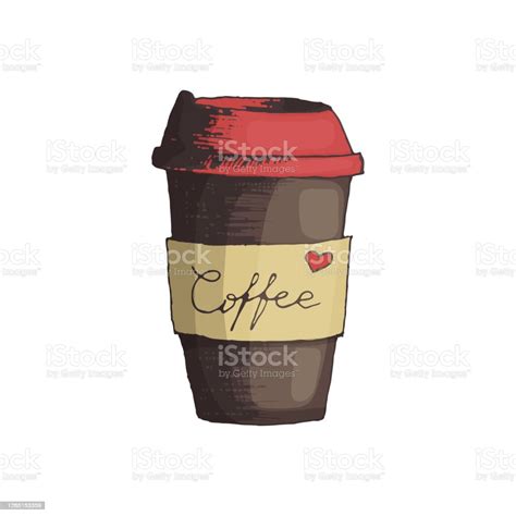 플라스틱 또는 종이 컵의 벡터 일러스트는 프리핸드 드로잉 스타일로 컬러로 가져 간다 사무실 디자인 커피에서 아침 식사를위한