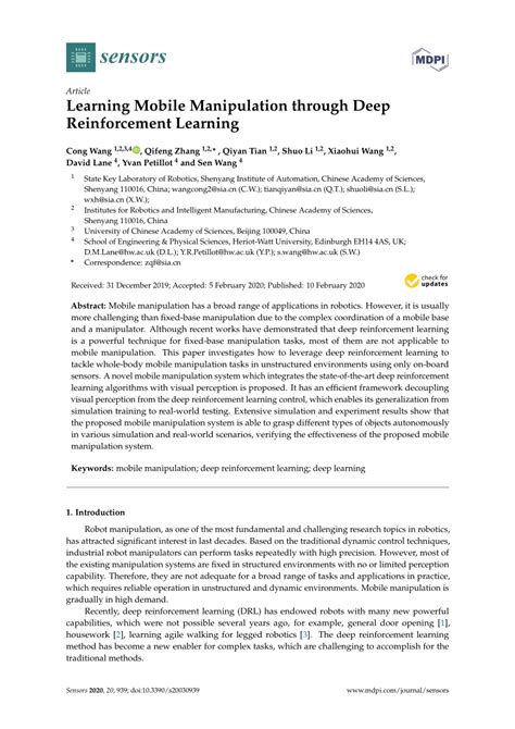 pdf learning mobile manipulation through deep reinforcement learning