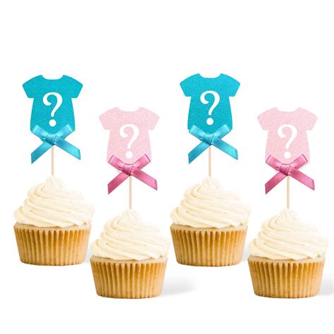 Gexolenu 24 Pcs Gender Reveal Cupcake Toppers Glitter Blue Pink Onesie