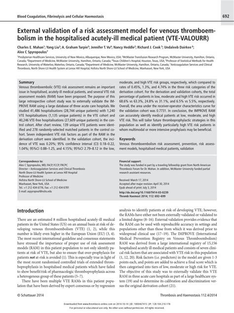 pdf external validation of a risk assessment model for venous