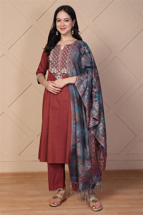 Buy Maroon Embroidered A Line Rayon Kurta With Palazzo And Dupatta Set