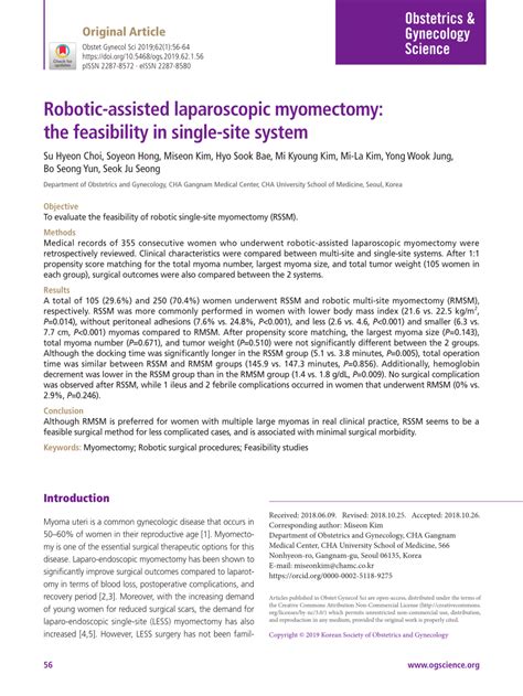 Pdf Robotic Assisted Laparoscopic Myomectomy The Feasibility In Single Site System