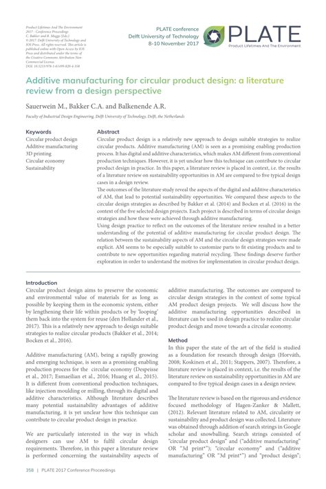 Pdf Additive Manufacturing For Circular Product Design A Literature Review From A Design