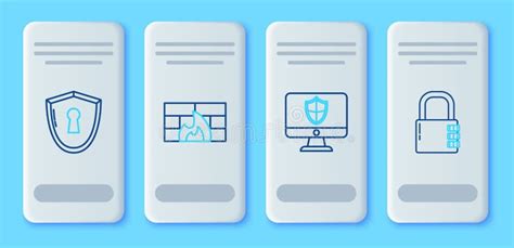 Set Line Firewall Security Wall Computer Monitor And Shield Shield With Keyhole And Safe