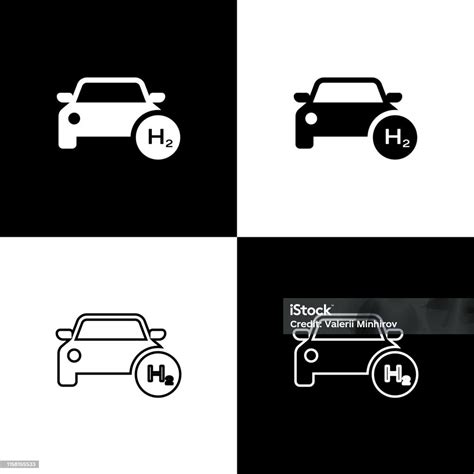흑백 배경에 격리된 수소 자동차 아이콘을 설정합니다 H2 역 표지판 수소 연료 전지 자동차 환경 친화적 인 제로 배출 벡터 일러스트레이션 0에 대한 스톡 벡터 아트 및 기타