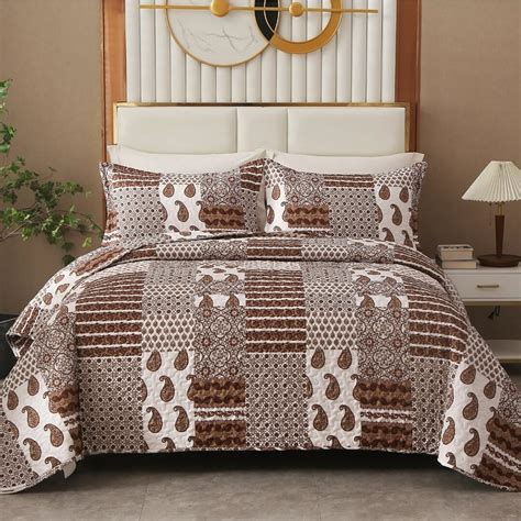 Checked Brown Coverlet Set Bedspread Quilt Set