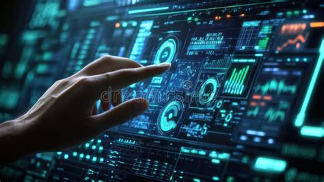 Software Engineer Working With Interactive Touchscreen Display Showing Futuristic Hud Stock