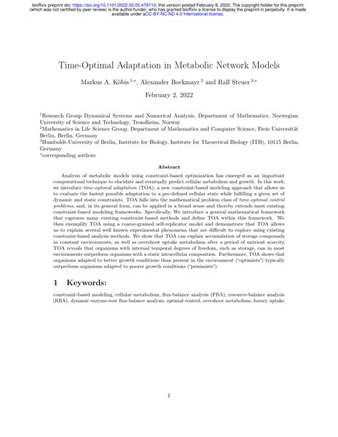 Pdf Time Optimal Adaptation In Metabolic Network Models