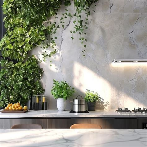 3d Render Photos Of Kitchen Interior With A Lush Green Indoor Plant In