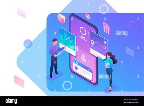Isometric Young People Stand Near The Mobile Phone Screen Testing The