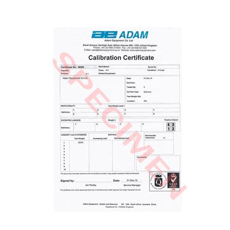 Standard Calibration Certificate Aj Products