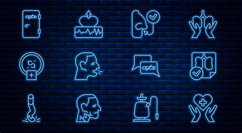 십자가가 있는 심장 폐 엑스레이 진단 건강한 호흡 기침하는 남자 금연 돈 절약 지역 없음 및 심장 박동 증가 아이콘을 설정합니다