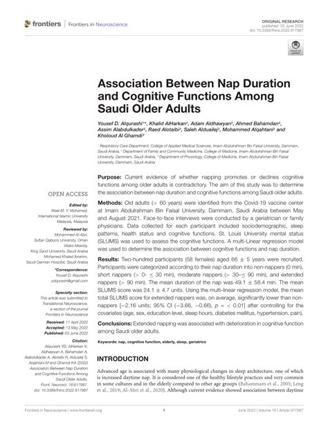 Pdf Association Between Nap Duration And Cognitive Functions Among Saudi Older Adults