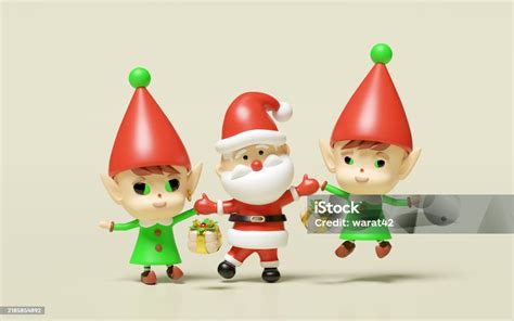 산타 클로스와 손을 잡고 3d 두 작은 엘프 베이지 색 배경에 고립 된 선물 상자 메리 크리스마스 축제 새해 휴일 개념 3d 렌더링 일러스트 계절에 대한 스톡 사진 및 기타
