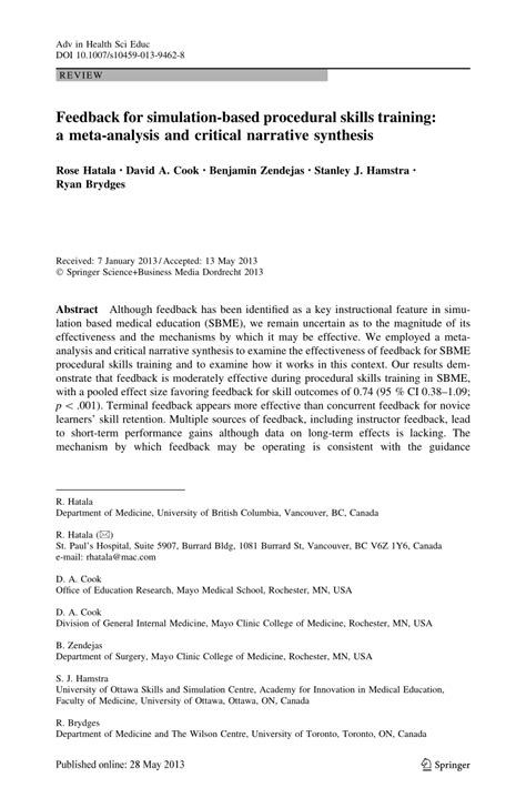 Pdf Feedback For Simulation Based Procedural Skills Training A Meta Analysis And Critical