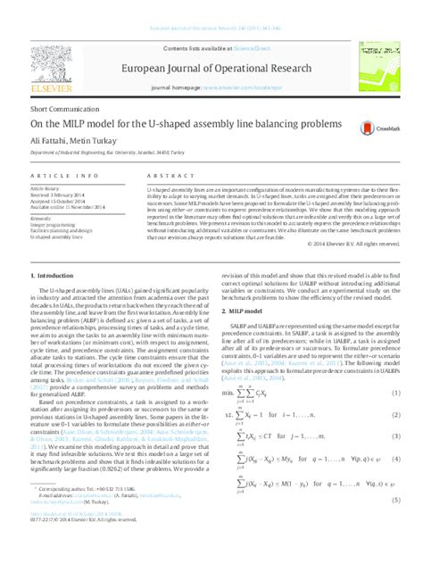 Pdf On The Milp Model For The U Shaped Assembly Line Balancing Problems