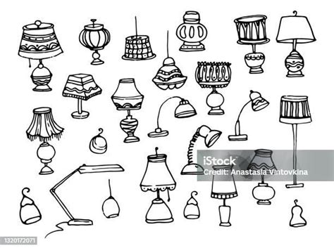낙서 램프 세트 레이블 디자인 템플릿 간판을 위한 흰색 배경에 검은색 선이 있는 낙서 스타일로 그려진 선과 점이 있는 홈 램프 플로어 램프 샹들리에 및 테이블 램프의 벡터