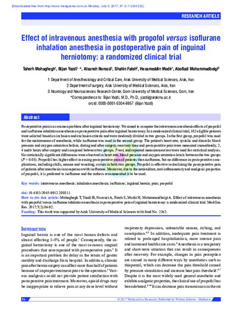 Pdf Effect Of Intravenous Anesthesia With Propofol Versus Isoflurane Inhalation Anesthesia In