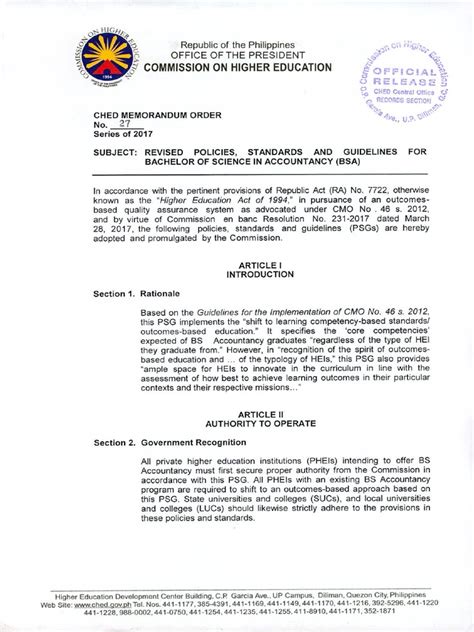 CMO No. 27, Series of 2017 - Revised Policies, Standards and Guidelines for Bachelor of Science ...