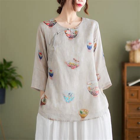 컷 더 태그 오프 여성 의류 정품 테일 빈티지 프린트 모시 탑 여성용 중국 스타일 버클 셔츠 34 슬리브 코튼 및 리넨 탑 Aliexpress