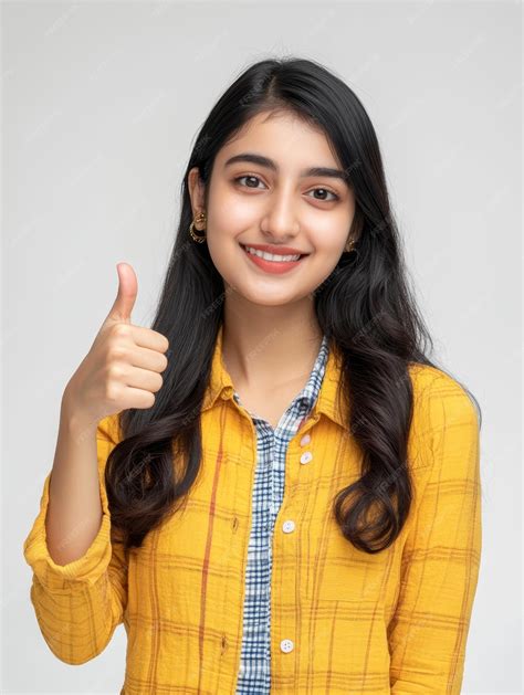 Confident Portrait Of A 24yearold Indian College Girl Giving Thumbs Up