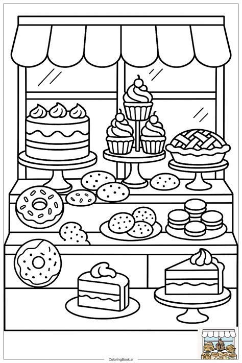 제과점 창 앞 디저트 전시 색칠하기 페이지 무료 Pdfandpng 인쇄 가능