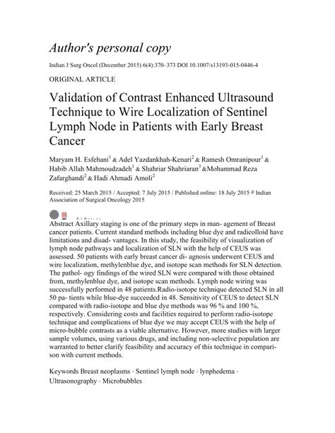 Pdf Validation Of Contrast Enhanced Ultrasound Technique To Wire Localization Of Sentinel