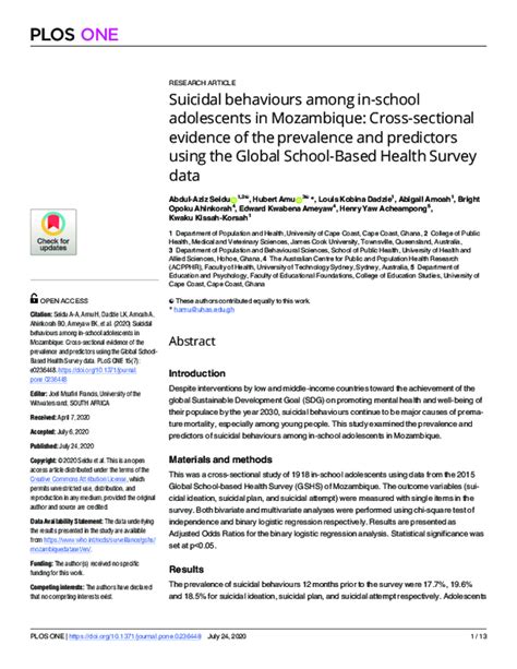 Pdf Suicidal Behaviours Among In School Adolescents In Mozambique Cross Sectional Evidence Of