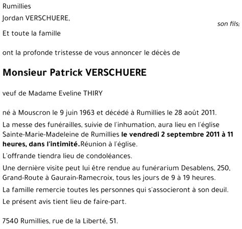 Avis De Décès De Patrick Verschuere Décédé Le 28 08 2011 à Rumillies Annonce Condoléances
