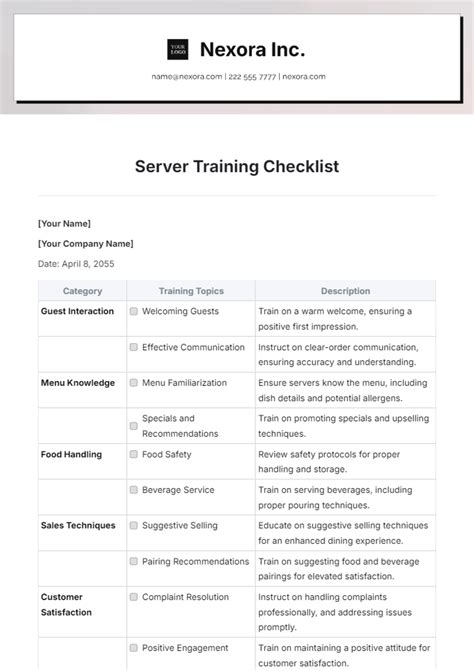 Free Server Training Checklist Template To Edit Online