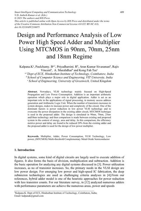 Pdf Design And Performance Analysis Of Low Power High Speed Adder And Multiplier Using Mtcmos