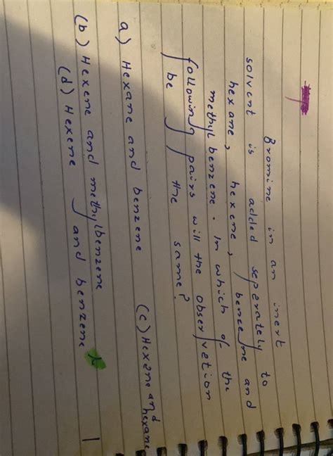 bromine in an inert solvent is added seperately to hexane hexene berse