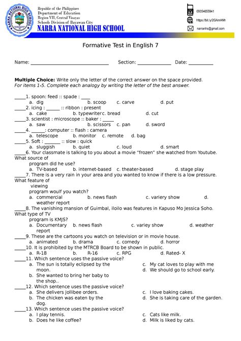 Formative Test For Engish 7 Formative Test In English 7 Name