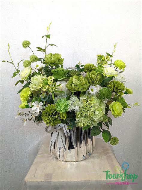 Lẵng Hoa Lụa Màu Xanh Cốm Hoa Lụa Cao Cấp