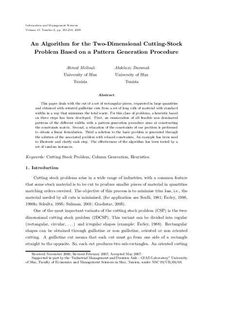 Pdf An Algorithm For The Two Dimensional Cutting Stock Problem Based
