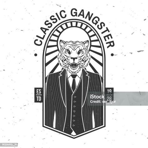 클래식 갱스터 배지 디자인 벡터 일러스트 레이 션입니다 빈티지 흑백 라벨 스티커 호랑이 갱스터 실루엣의 패치 1920 1929 년에 대한 스톡 벡터 아트 및 기타 이미지