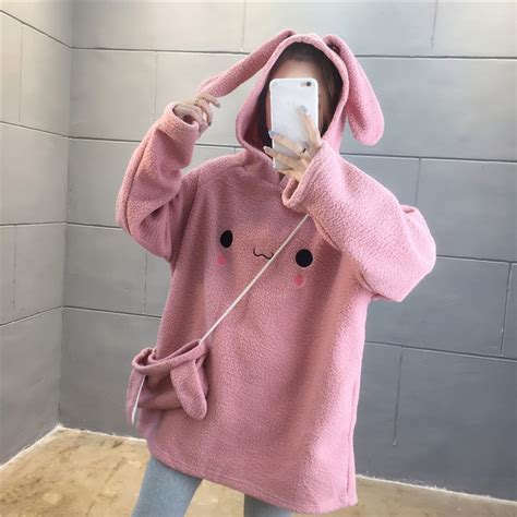 Softest Bunny Hoodie With Ears Bunny Bag Kawaii Peach