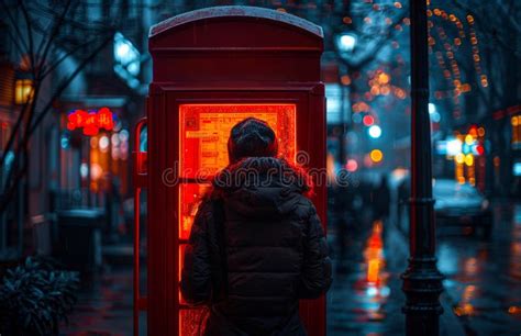 A Woman Stands In Front Of A Red Telephone Booth In The Rain The Booth