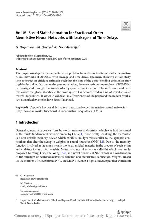 An Lmi Based State Estimation For Fractional Order Memristive Neural Networks With Leakage And