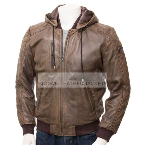 Mens Brown Leather Hooded Bomber Jacket