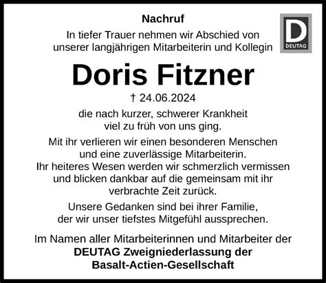 Traueranzeigen Von Doris Fitzner Trauer Anzeigen De