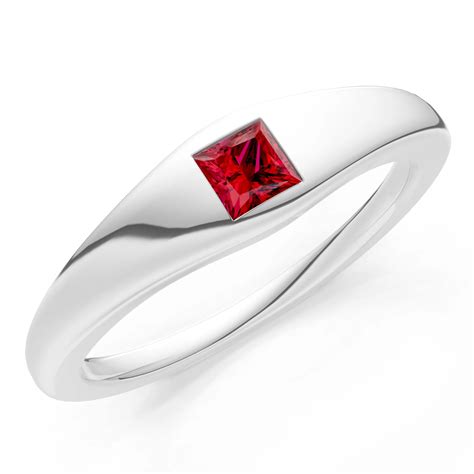 Ruby Flush Set Princess Cut Gemstone Mini Signet Ring Peora
