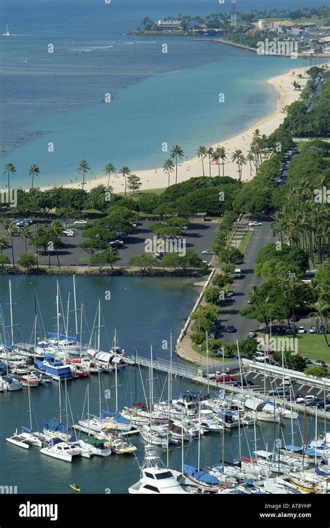 View Of Ala Moana Beach Park And Ala Wai Boat Harbor From Above Stock