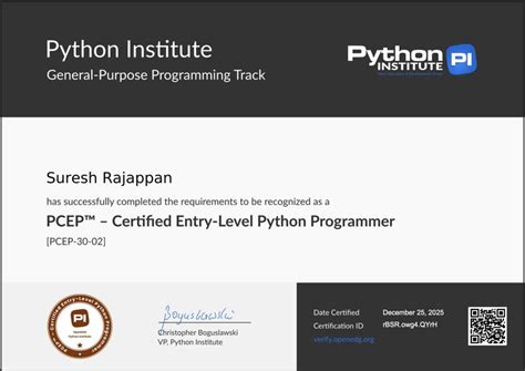 Successfully Earned My Python Programming Certification Pcep Suresh