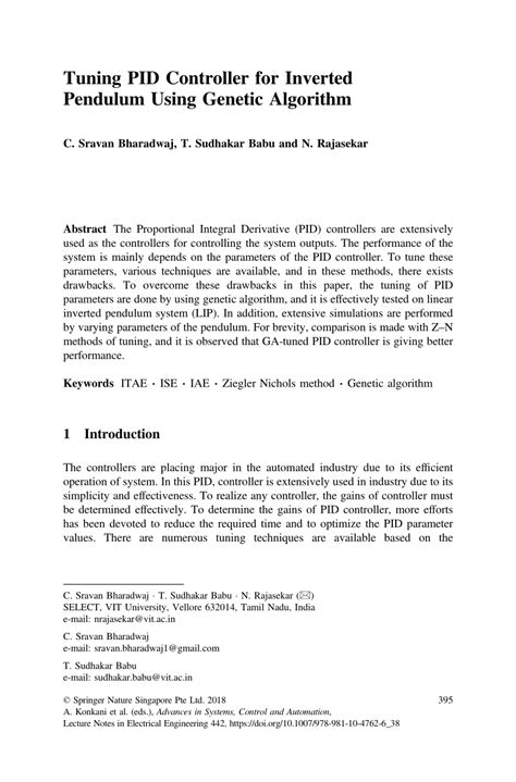 PDF Tuning PID Controller For Inverted Pendulum Using Genetic Algorithm