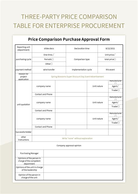 three party price comparison table for enterprise procurement excel